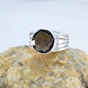 Joyas Plata Natural Gemstone Round Shape One Stone cheker Smoky Quartz ring-925 Sterling Silver Brown Smoky Quartz Ring-January Birth Capricorn Astrology Natural Gemstone Ring SRSQUCH-5009-11 us