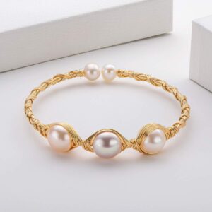 DENGGUANG Pearl Bangle for Women,Freshwater Cultured Pearl Open Cuff Wrap Bangle Bracelets Jewelry Gift for Mom Wife