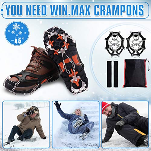 WIN.MAX Crampons for Shoes, Traction Cleats Ice Snow Grips with 19 Stainless Steel Spikes, Shoe Talons Anti - Slip Boots Spikes for Walking, Jogging, Climbing and Hiking (Black, L)