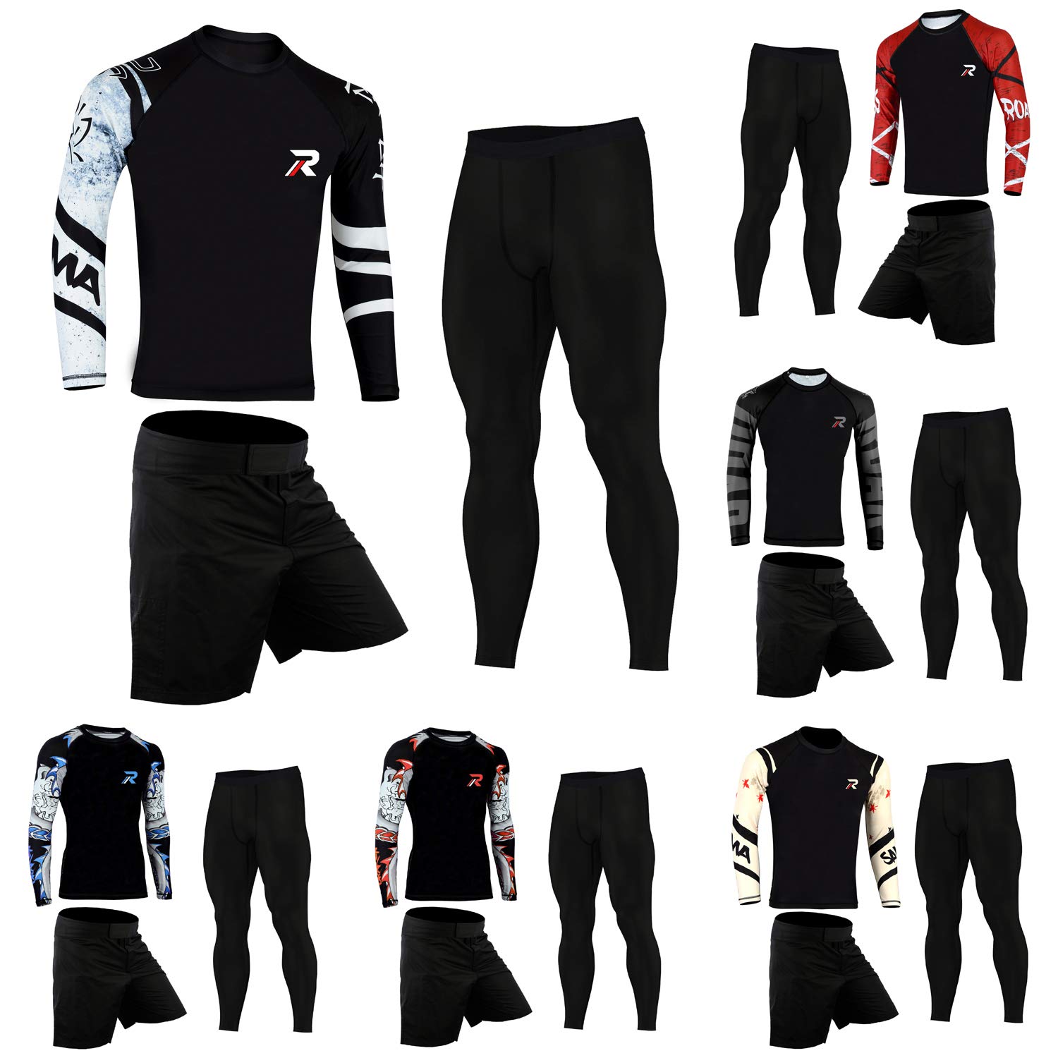 ROAR MMA Rash Guard & BJJ Shorts Set Mens Women Fight Wear Muay Thai Grappling Training (Ninja-Sleeve-3Pcs, XLarge)