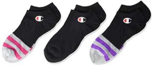 champion women's 3-pack super no show w/embroidery socks, black/color stripes, 5-9