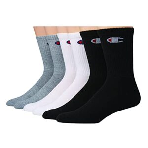 champion women double dry 6-pair pack logo crew socks, white/black/grey assortment, shoe size 5-9 us