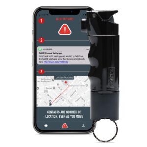 sabre smart 2-in-1 pepper spray, live continuous location tracking texts in emergencies, refill canister available, rechargeable, 25 bursts with 10 ft. range, flip top safety, ergonomic finger grip