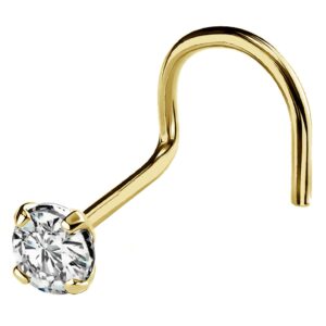 jewelry avalanche solid 14kt gold nose screw, 24g (0.5mm) nose hook, nose stud, 14kt yellow gold or 14kt white gold nose ring prong set cz accent-y3mm