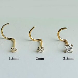 Jewelry Avalanche Solid 14Kt Gold Nose Screw, 24G (0.5mm) Nose Hook, Nose Stud, 14kt Yellow Gold or 14kt White Gold Nose Ring Prong Set CZ Accent-Y3mm