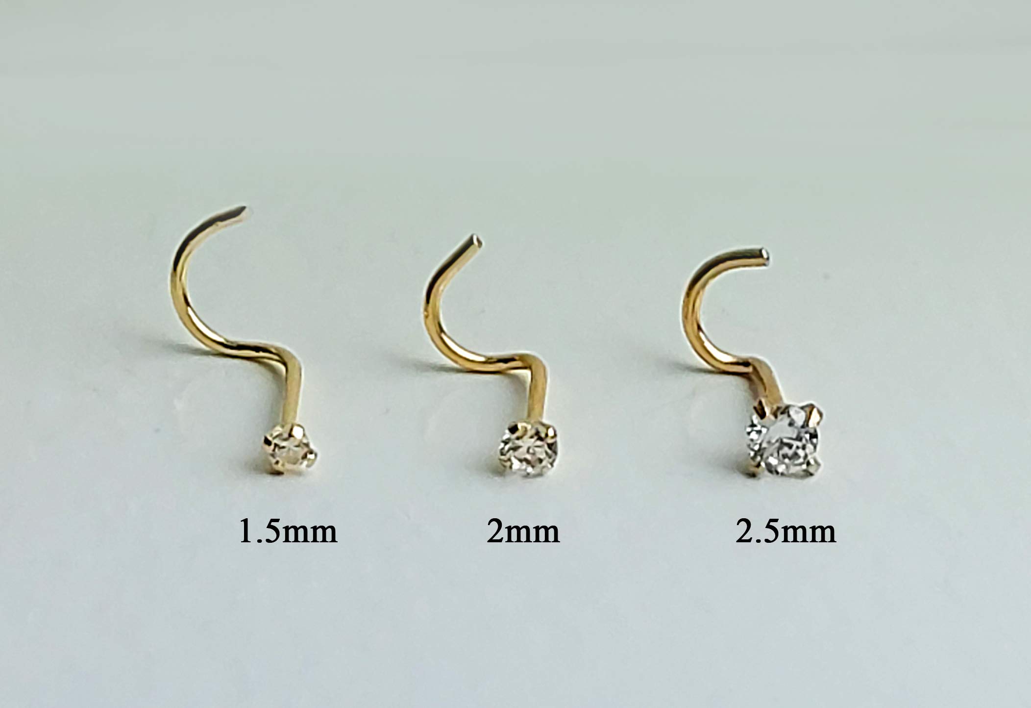 Jewelry Avalanche Solid 14Kt Gold Nose Screw, 24G (0.5mm) Nose Hook, Nose Stud, 14kt Yellow Gold or 14kt White Gold Nose Ring Prong Set CZ Accent-Y3mm