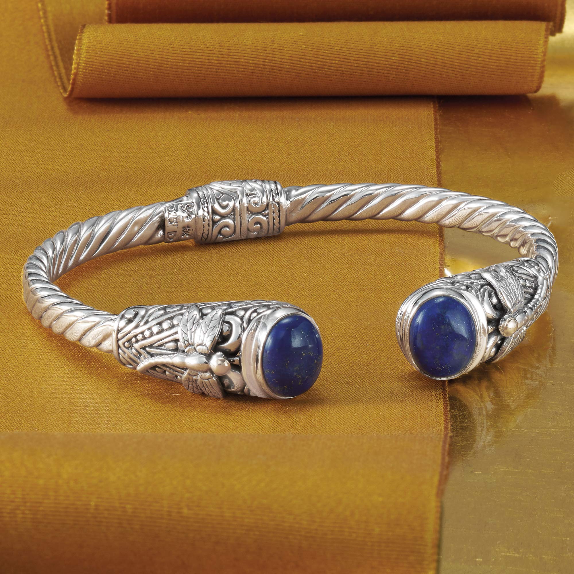 Ross-Simons Lapis Bali-Style Dragonfly Cuff Bracelet in Sterling Silver and 18kt Yellow Gold. 8 inches