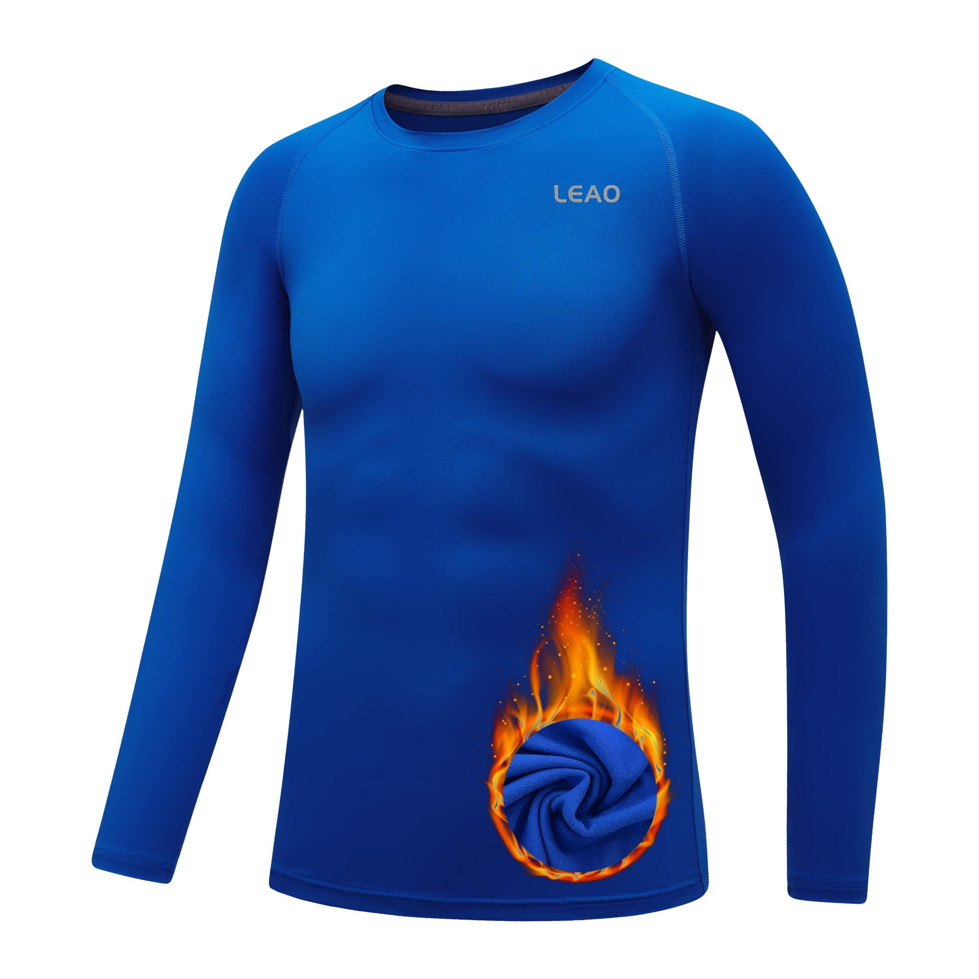 LEAO Youth Boys Compression Shirt Long Sleeve Fleece Quick Dry Sports Baselayer Soccer Baseball Basketball Undershirt Royal L