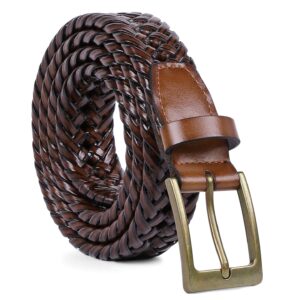 jasgood men's braided leather belt, braided woven belt for men casual jeans with solid strap single prong buckle (b-brown,suit for pant size 38-42 inch)