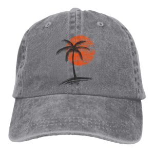 kamaple palm tree baseball caps summer aloha beaches outdoor adjustable denim dad hat (palm tree sunset grey, one size)