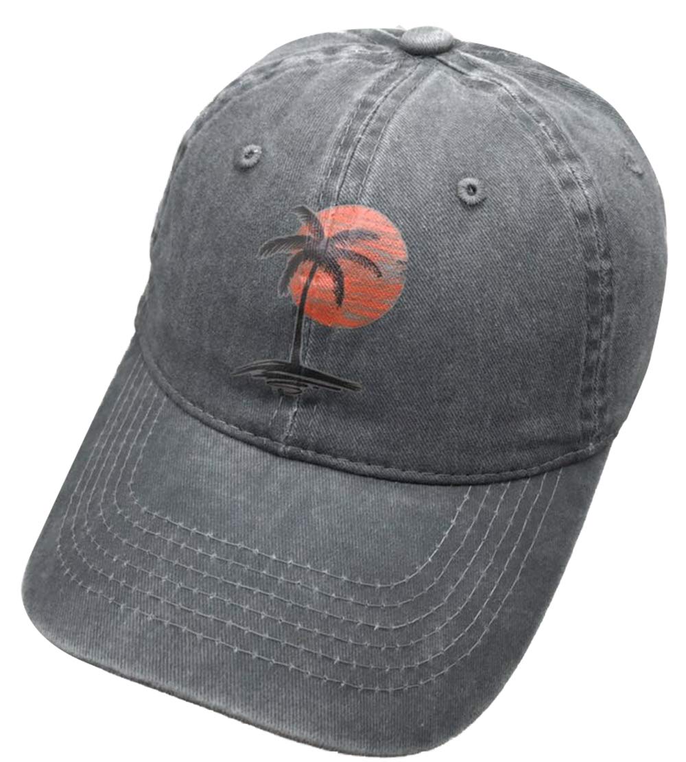 Kamaple Palm Tree Baseball Caps Summer Aloha Beaches Outdoor Adjustable Denim Dad Hat (Palm Tree Sunset Grey, one Size)