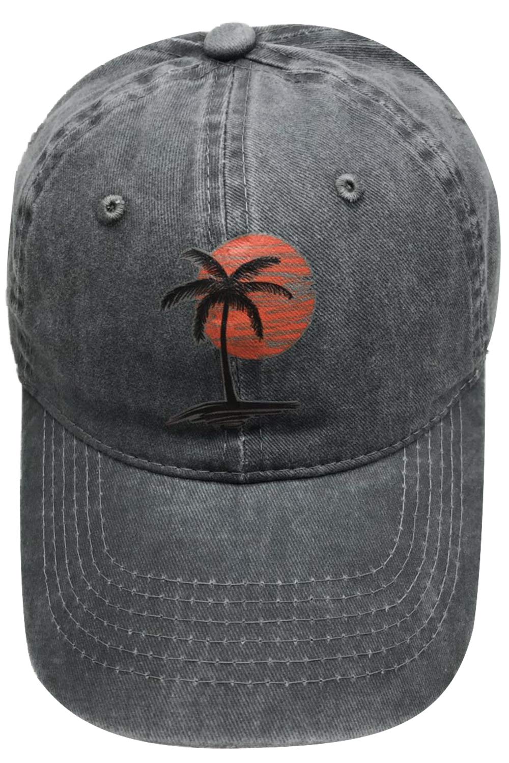 Kamaple Palm Tree Baseball Caps Summer Aloha Beaches Outdoor Adjustable Denim Dad Hat (Palm Tree Sunset Grey, one Size)