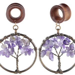 0G 8mm Amethyst Tree of Life Wood Dangle Ear Gauges Piercing Flesh Tunnels Plugs Stretching Kit Expander