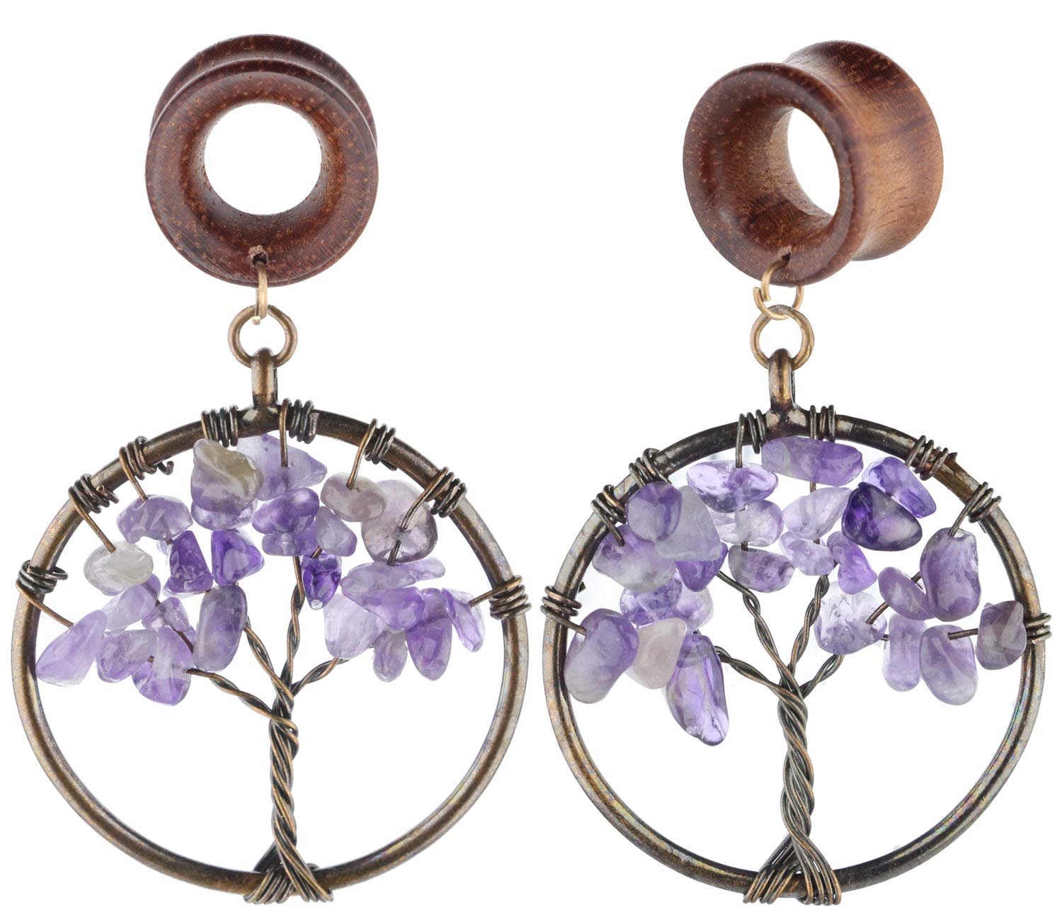 0G 8mm Amethyst Tree of Life Wood Dangle Ear Gauges Piercing Flesh Tunnels Plugs Stretching Kit Expander