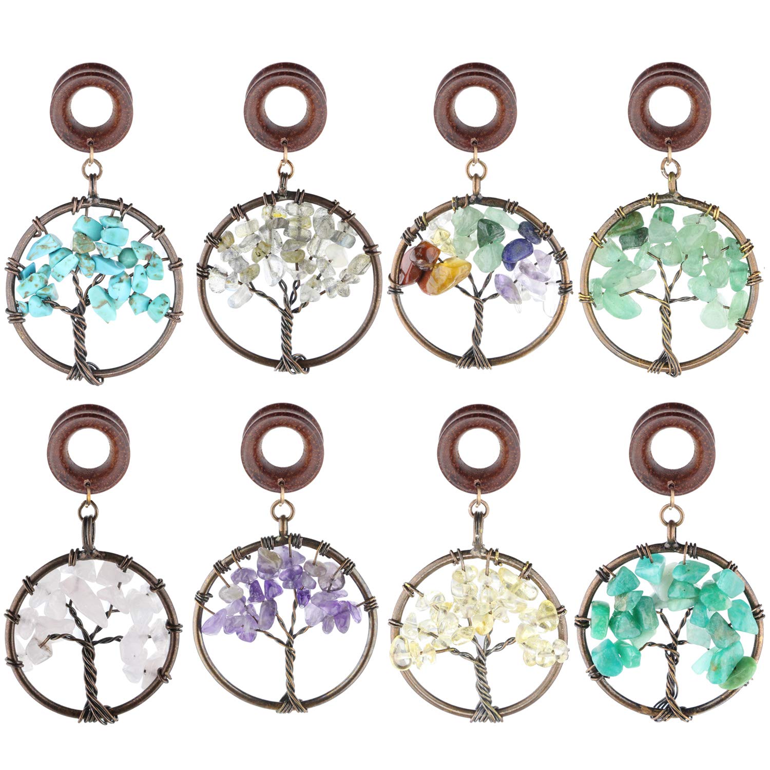 0G 8mm Amethyst Tree of Life Wood Dangle Ear Gauges Piercing Flesh Tunnels Plugs Stretching Kit Expander