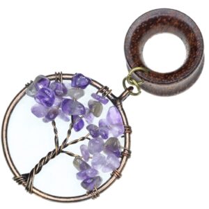 0G 8mm Amethyst Tree of Life Wood Dangle Ear Gauges Piercing Flesh Tunnels Plugs Stretching Kit Expander