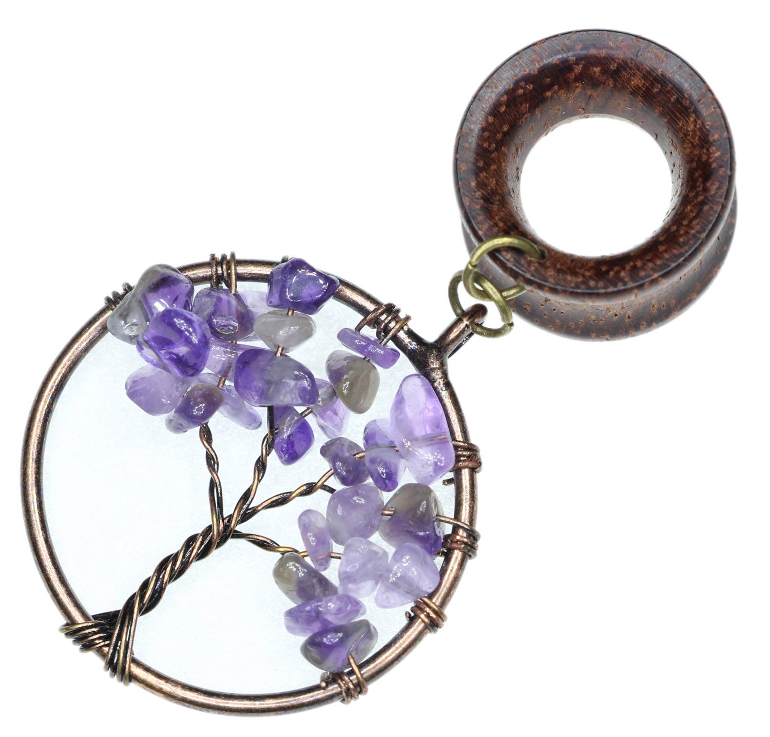 0G 8mm Amethyst Tree of Life Wood Dangle Ear Gauges Piercing Flesh Tunnels Plugs Stretching Kit Expander