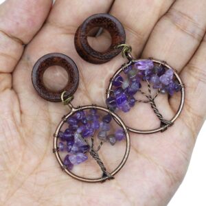 0G 8mm Amethyst Tree of Life Wood Dangle Ear Gauges Piercing Flesh Tunnels Plugs Stretching Kit Expander