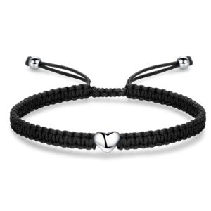 zeni heart bracelet for women girl, black rope bracelet 925 silver handmade braid adjustable bracelet love friendship christmas bracelet gifts for women girls