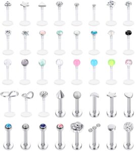 fibo steel 16g forward helix monroe labret lip nose studs for men women stainless steel&clear plastic tragus cartilage stud earrings medusa piercings jewelry 40 pieces