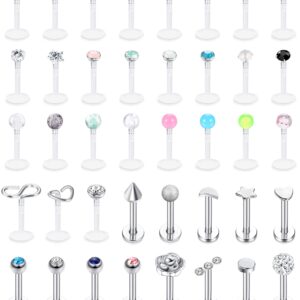 FIBO STEEL 16G Forward Helix Monroe Labret Lip Nose Studs for Men Women Stainless Steel&Clear Plastic Tragus Cartilage Stud Earrings Medusa Piercings Jewelry 40 Pieces