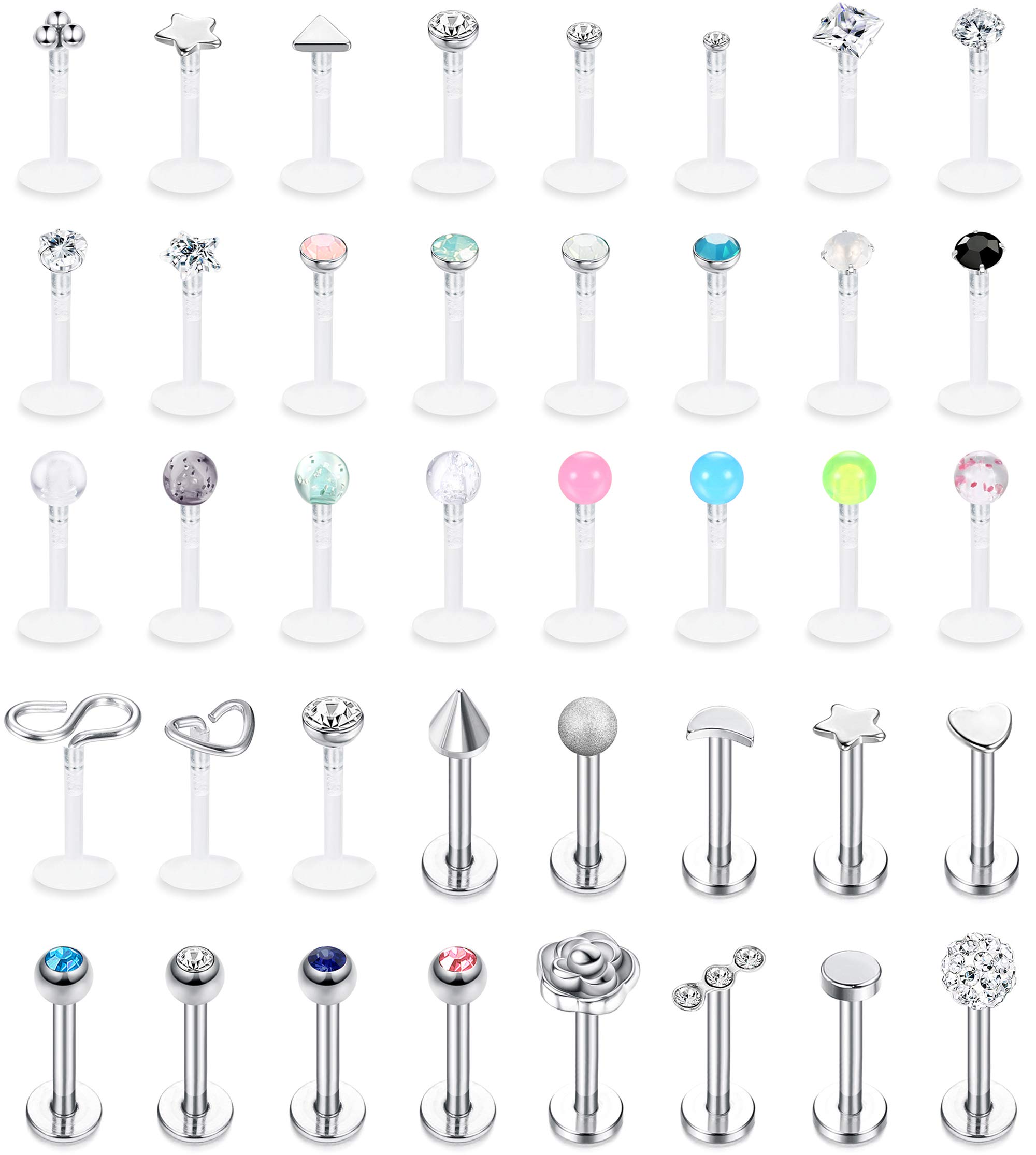 FIBO STEEL 16G Forward Helix Monroe Labret Lip Nose Studs for Men Women Stainless Steel&Clear Plastic Tragus Cartilage Stud Earrings Medusa Piercings Jewelry 40 Pieces