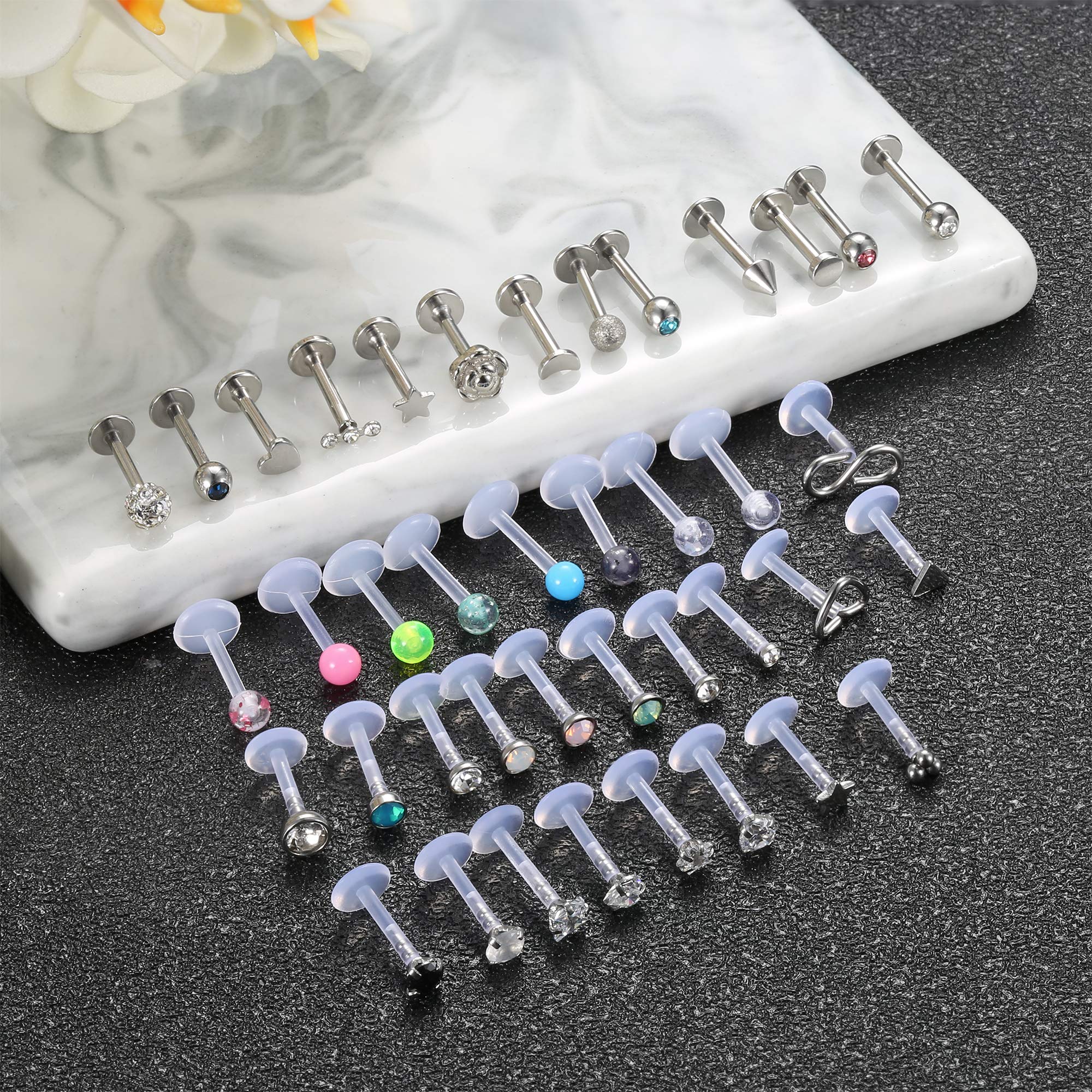 FIBO STEEL 16G Forward Helix Monroe Labret Lip Nose Studs for Men Women Stainless Steel&Clear Plastic Tragus Cartilage Stud Earrings Medusa Piercings Jewelry 40 Pieces