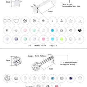 FIBO STEEL 16G Forward Helix Monroe Labret Lip Nose Studs for Men Women Stainless Steel&Clear Plastic Tragus Cartilage Stud Earrings Medusa Piercings Jewelry 40 Pieces