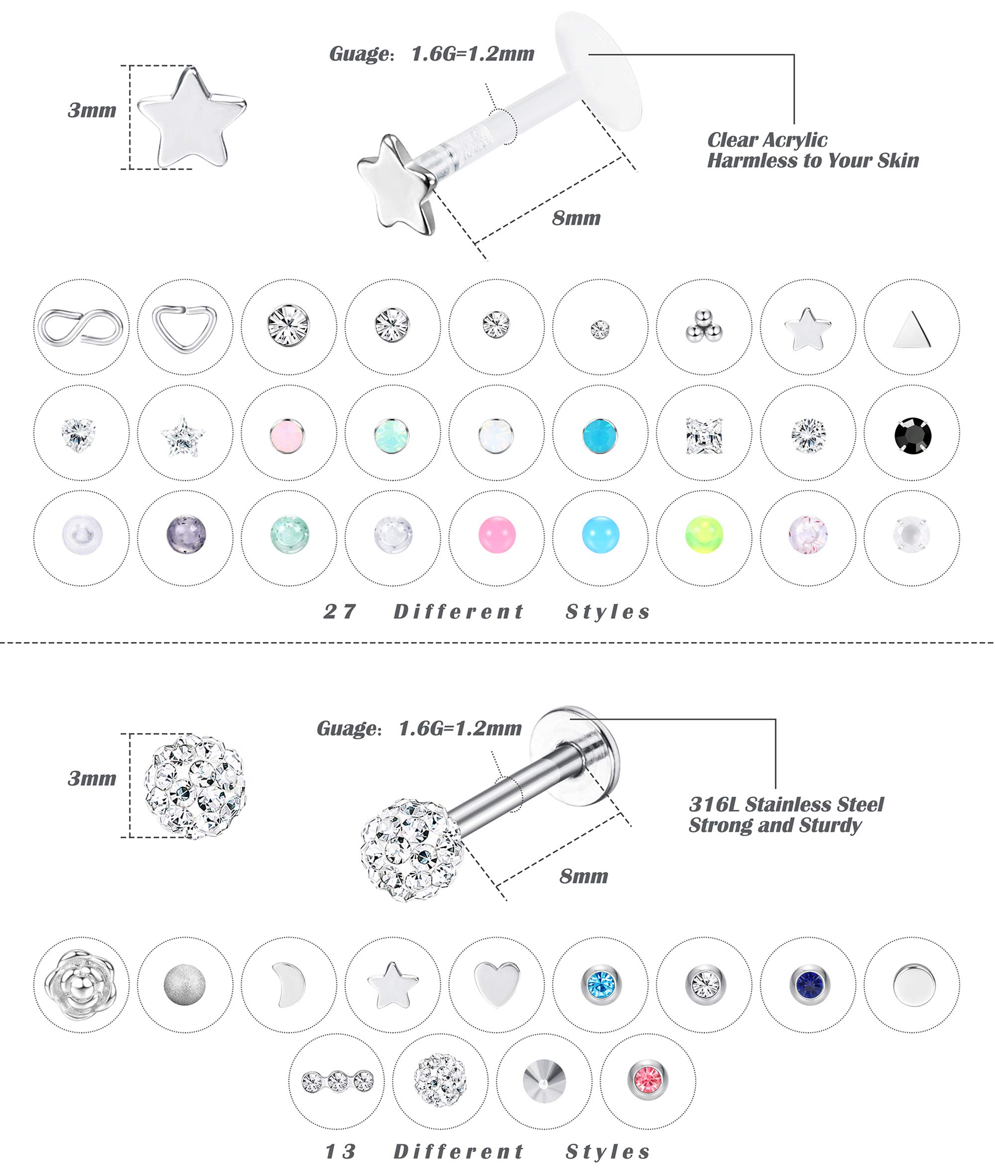 FIBO STEEL 16G Forward Helix Monroe Labret Lip Nose Studs for Men Women Stainless Steel&Clear Plastic Tragus Cartilage Stud Earrings Medusa Piercings Jewelry 40 Pieces