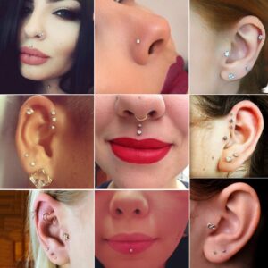 FIBO STEEL 16G Forward Helix Monroe Labret Lip Nose Studs for Men Women Stainless Steel&Clear Plastic Tragus Cartilage Stud Earrings Medusa Piercings Jewelry 40 Pieces