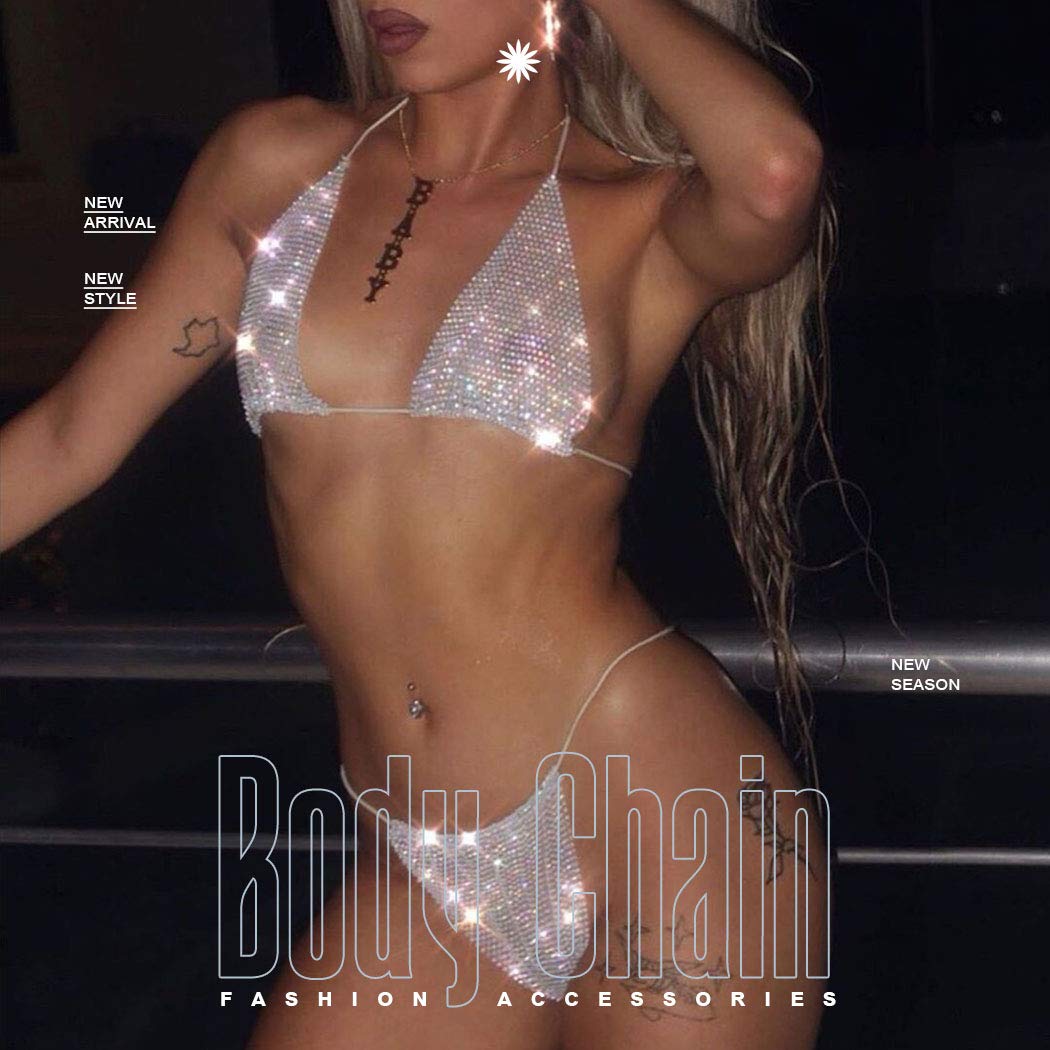 Earent Mesh Rhinestone Body Chain Set Beach Chest Belly Chains Crystal Bikini Nightclub Party Bra Breast Chains Rave Body jewelry for Women(Silver)