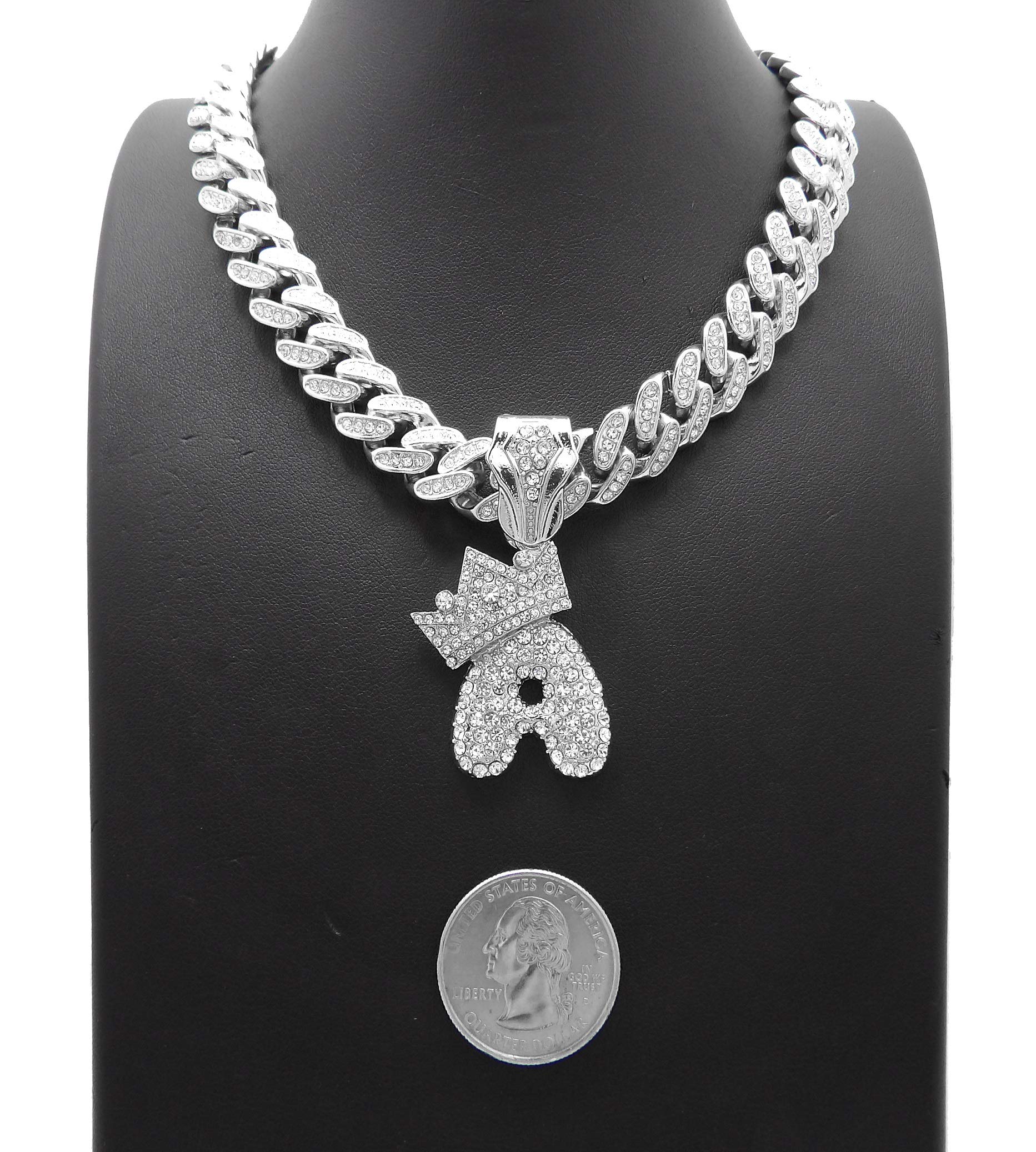 BLINGFACTORY Hip Hop White Gold PT Bubble Alphabet Initial A Pendant & 16" ~ 24" Iced Cuban Box Lock Chain Necklace (Pendant & 16" Chain)