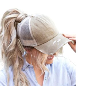 promindfun womens ponytail high messy bun hats distressed baseball caps unconstructed washed dad hat girls trucker ponycaps (03-light khaki)