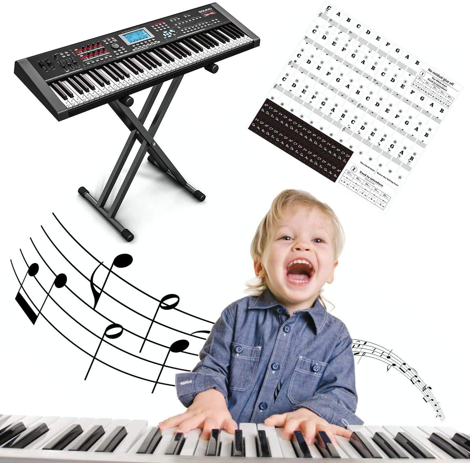 MUYOS Piano Keyboard Stickers for 88/61/ 54/49 Key, Black Transparent Removable for Kids Beginners (Black)