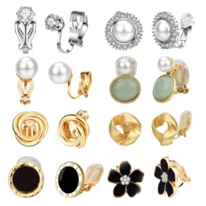 hicdaw 8 pairs clip on earrings for women non pierced earrings rose flower cz pearl twist knot jewelry clip on earrings sets hypoallergenic earrings for women