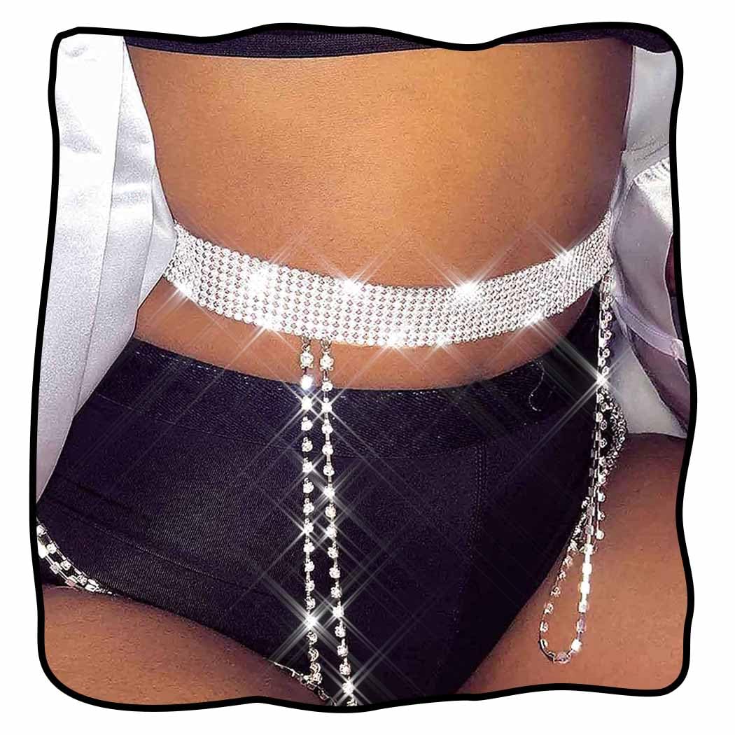 Jeweky Rhinestone Waist Belly Chain Silver Crystal Nightclub Rave Body Chain Jewelry for Women