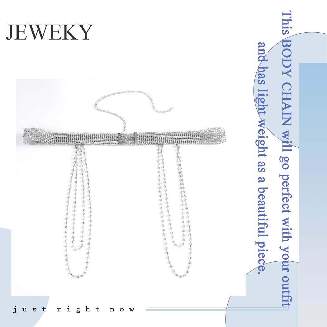 Jeweky Rhinestone Waist Belly Chain Silver Crystal Nightclub Rave Body Chain Jewelry for Women