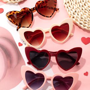 4 Pairs Heart Shaped Sunglasses Goggle Vintage Cat Eye Sunglasses Mod Style Retro Glasses with 4 Pieces Glasses Cloth 4 Pieces Flannel Bag for Party Supplies