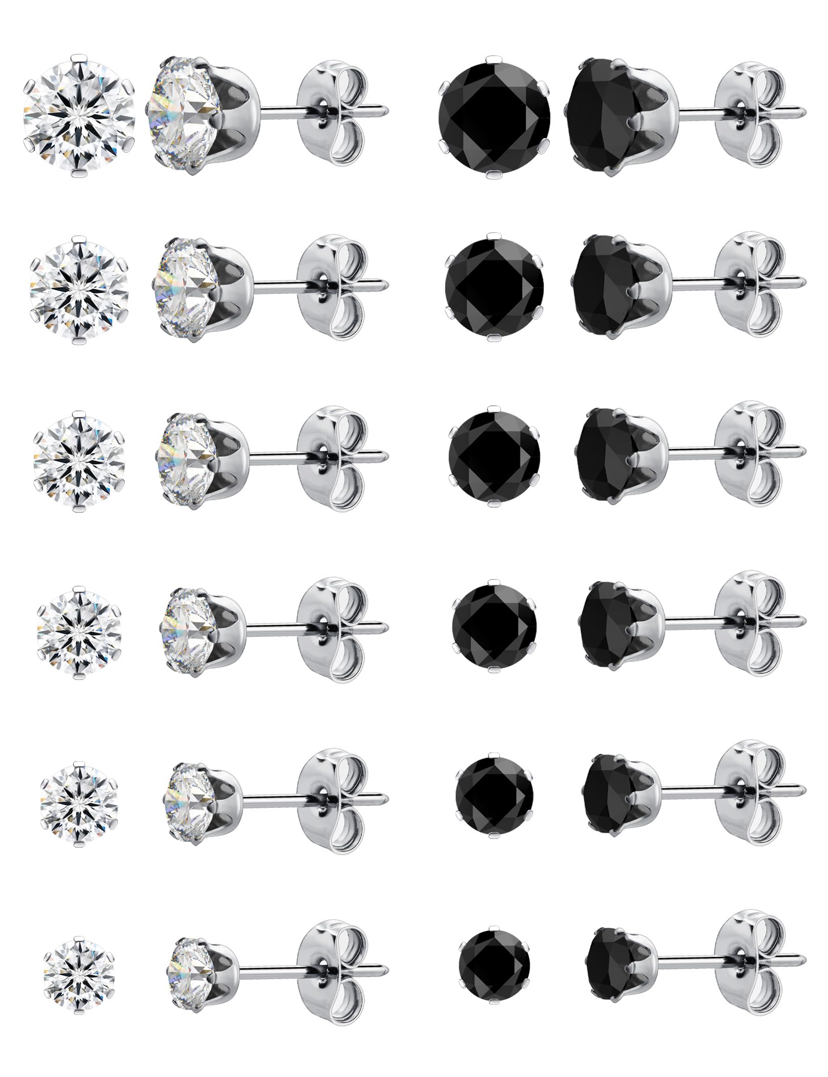 12 Pairs Silver Earrings Surgical Steel Earrings Hypoallergenic Zinc Earrings Set Women's Earrings Men's Earrings Cubic Zirconia Studs Earrings 3mm-8mm