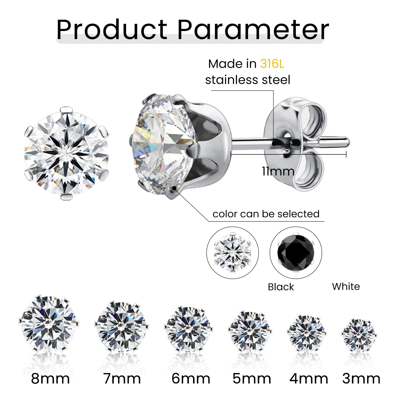 12 Pairs Silver Earrings Surgical Steel Earrings Hypoallergenic Zinc Earrings Set Women's Earrings Men's Earrings Cubic Zirconia Studs Earrings 3mm-8mm