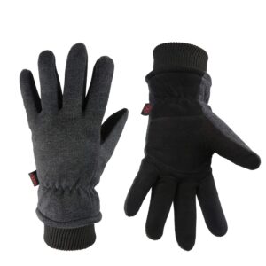 ozero winter gloves insulated work cold proof deerskin suede leather thermal fleece for men and women grey-black small