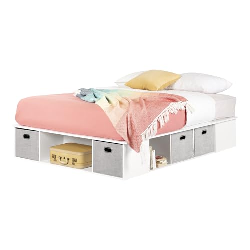 South Shore Flexible Platform Bed with Storage and Baskets, Full, Pure White