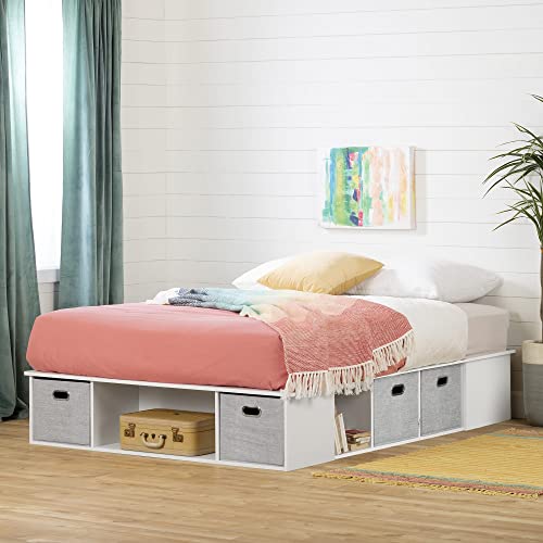 South Shore Flexible Platform Bed with Storage and Baskets, Full, Pure White