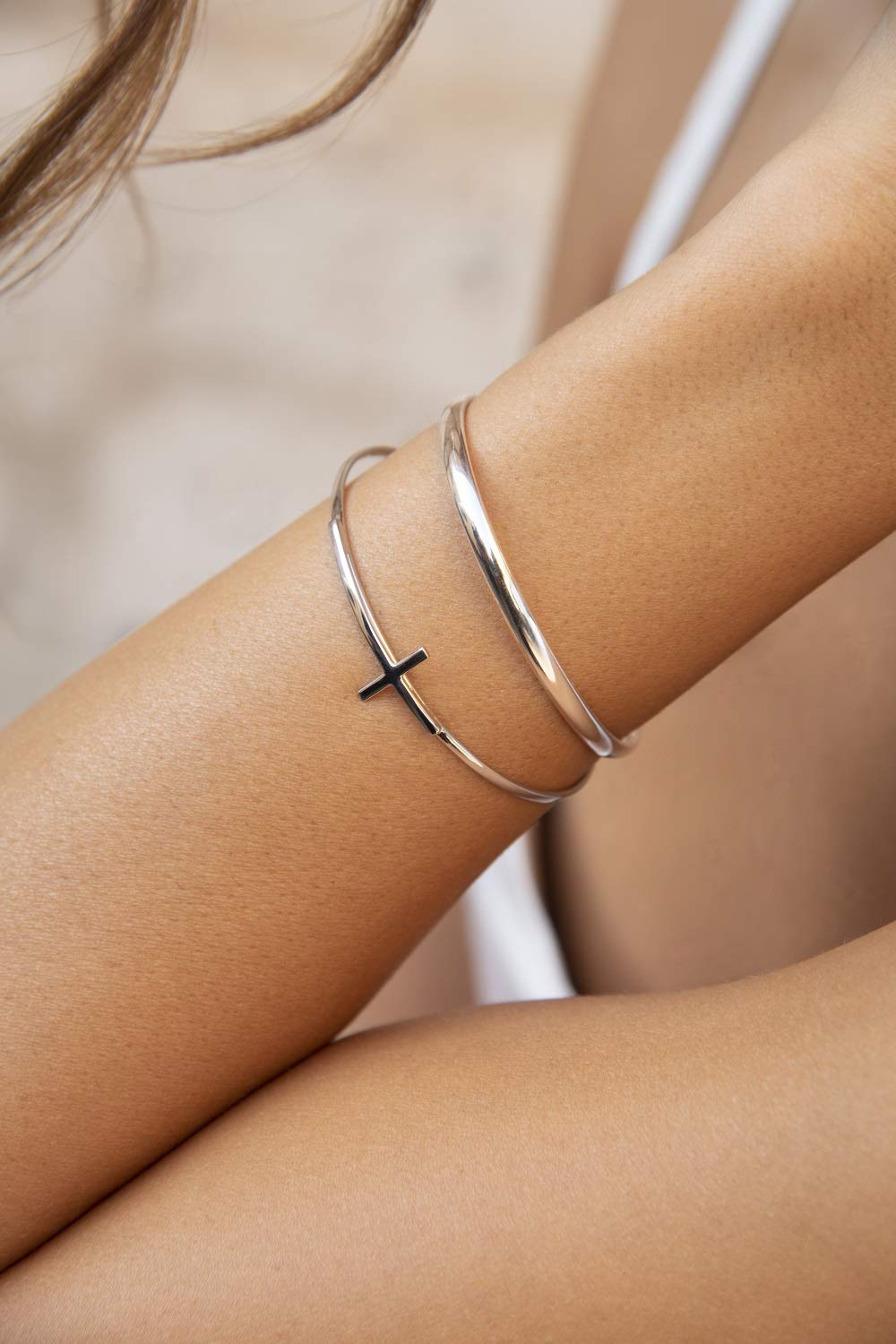 Miabella 925 Sterling Silver Italian Adjustable Sideways Cross Bracelet for Women 7.25-7.5 Inch 18K Gold Plated or Silver Cuff Bangle Bracelet Made in Italy (sterling silver)