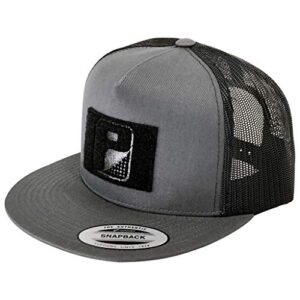 pull patch flat bill snapback trucker hat | charcoal & black tactical cap | 2x3 in loop surface to attach morale patches