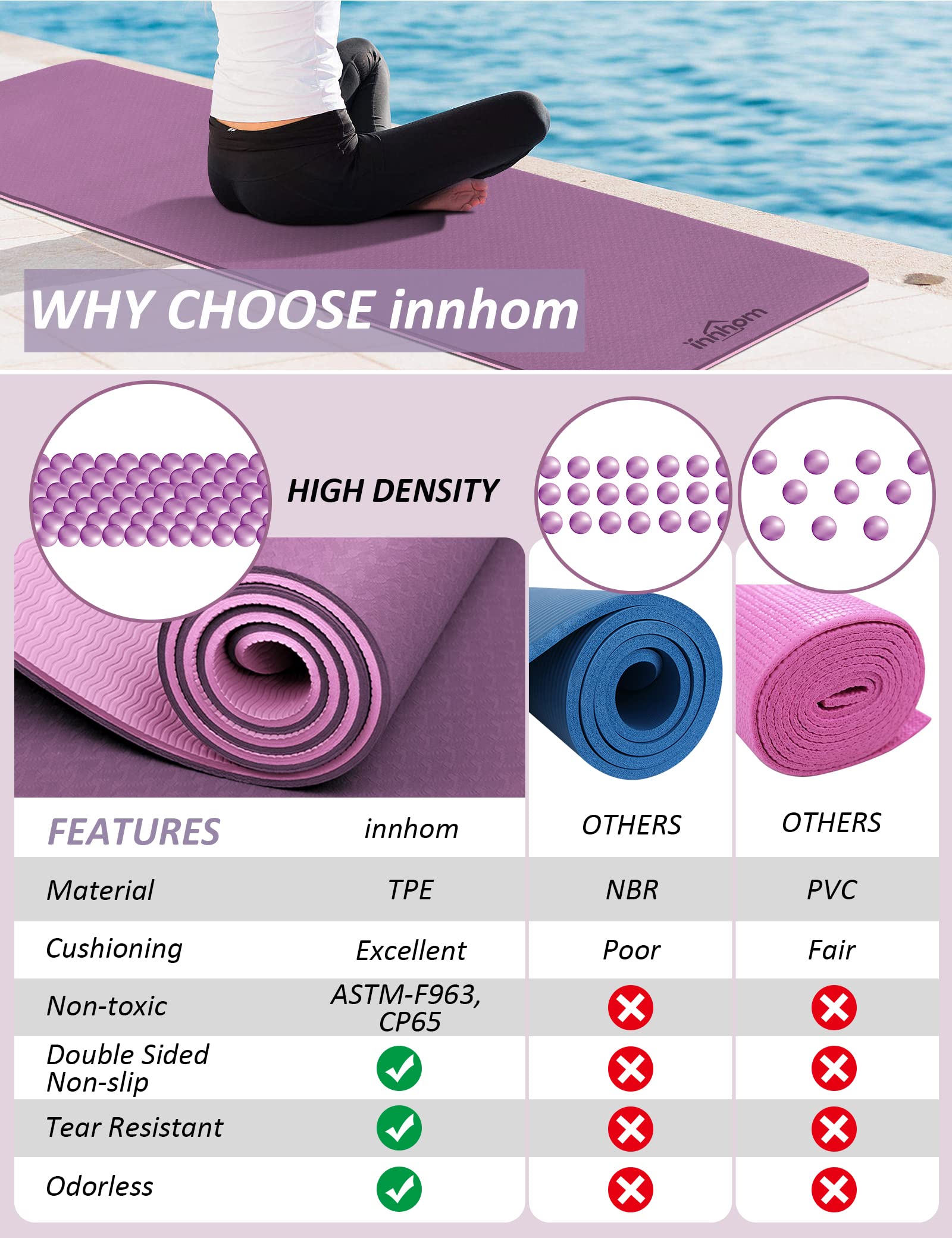 innhom Women 1/3 inch Thick Yoga Mat for Men Exercise Mat Workout Mat for Yoga Pilates Home Gym Non Slip with Carrying Strap, Dark Purple/Pink