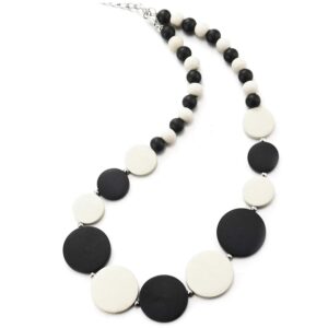 coolsteelandbeyond black white wood circle disc beads chain choker collar statement necklace, dress party event, unique