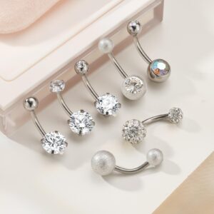 Wssxc 14G Hypoallergenic Surgical Steel Belly Button Ring Cubic Zirconia Belly Button Barbs Body Piercing Set 7Pcs