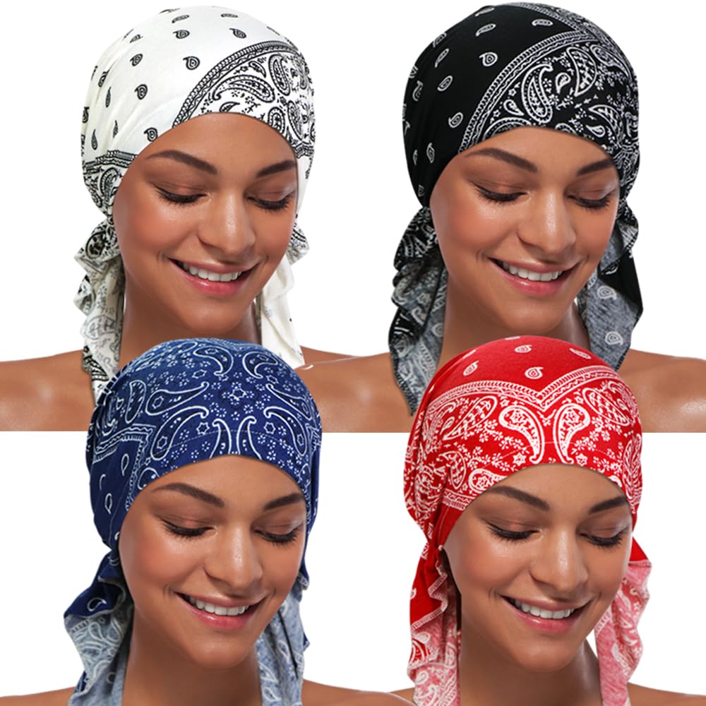 ASHILISIA 4 Pieces Women Chemo Hat Turban Beanie, Pre-Tied Headwraps Headwear Bandana for Hair Loss