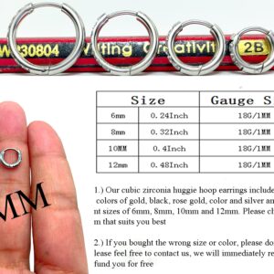 6MM Silver Hoop Earring, Top Ear Cartilage Earrings Mini Hugging Hoop Earrings for Women 18G Forward Helix Earring Stainless Steel Tragus Piercing Earrings Hypoallergenic Sensitive Ear CZ